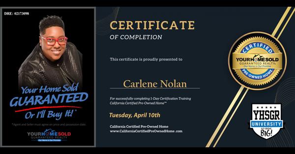 Certified Pre-Owned Hometm Training Completed By Carlene Nolan
